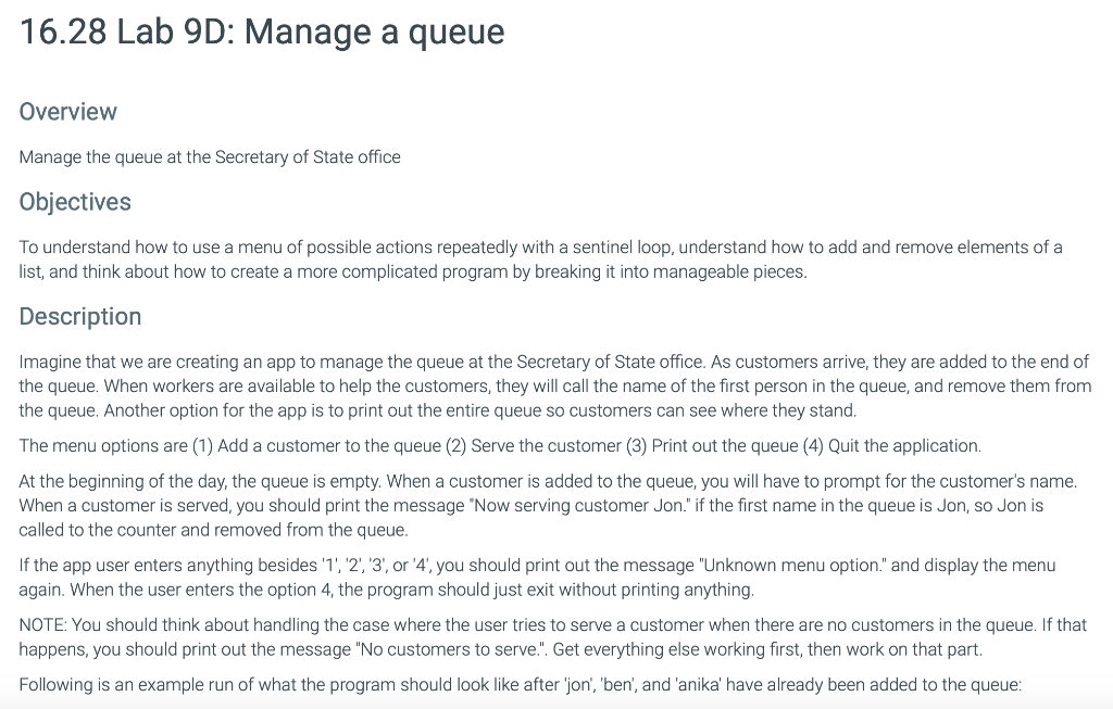 Solved 16.28 Lab 9D: Manage a queue Overview Manage the | Chegg.com