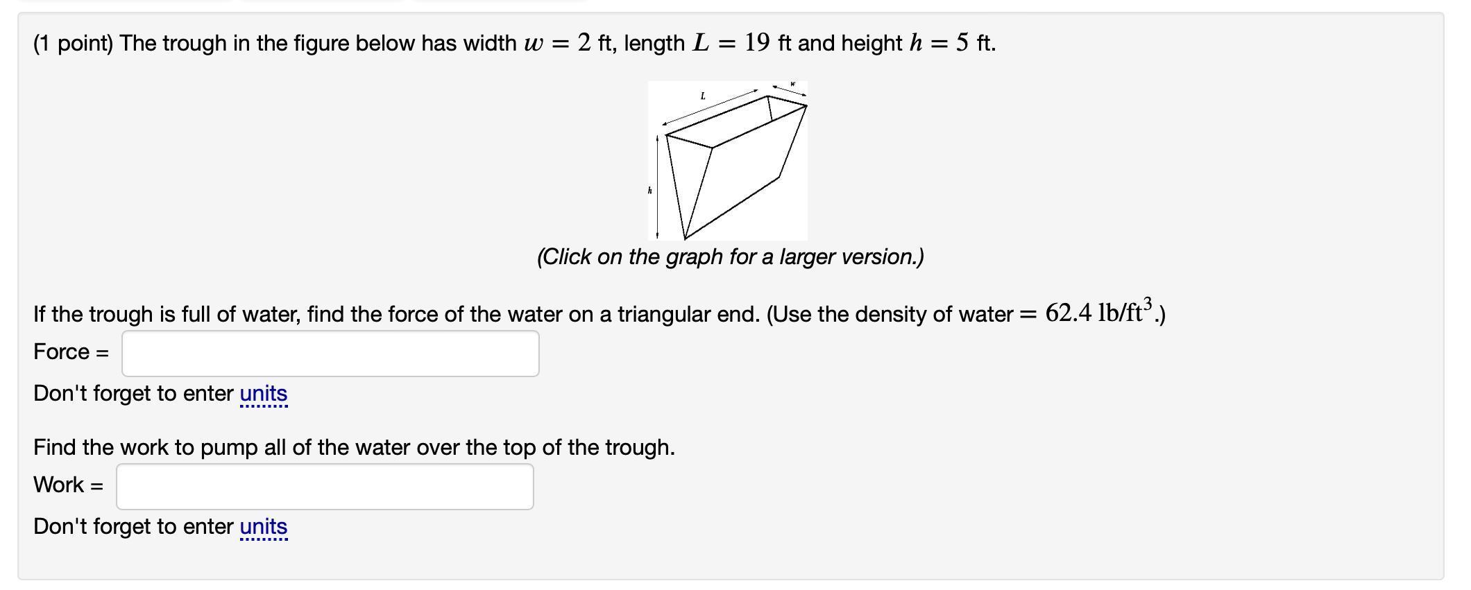 Solved (1 ﻿point) ﻿The trough in the figure below has width | Chegg.com