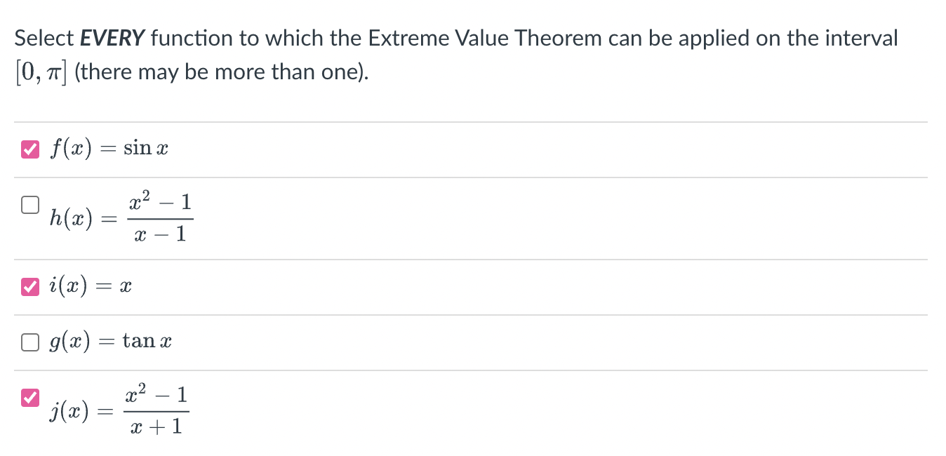 Solved Select EVERY function to which the Extreme Value | Chegg.com