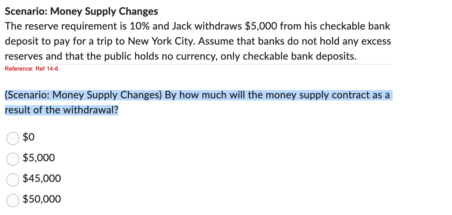 Solved Scenario: Money Supply ChangesThe reserve requirement | Chegg.com