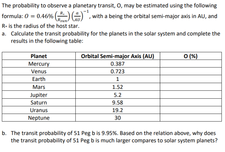 The probability to observe a planetary transit, O, | Chegg.com