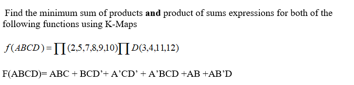 Solved Find the minimum sum of products and product of sums | Chegg.com