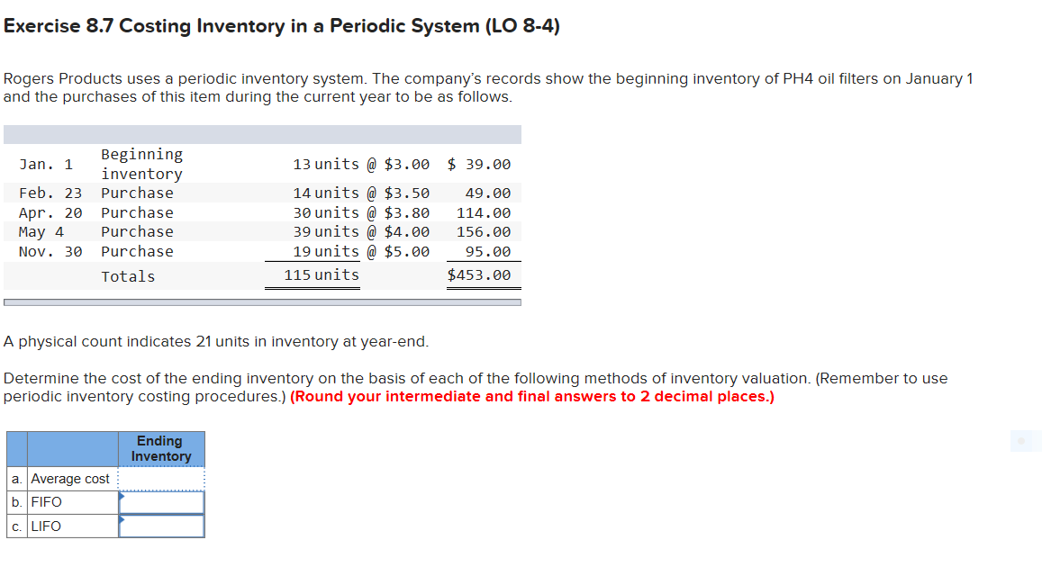 Solved Exercise 8.7 Costing Inventory in a Periodic System | Chegg.com