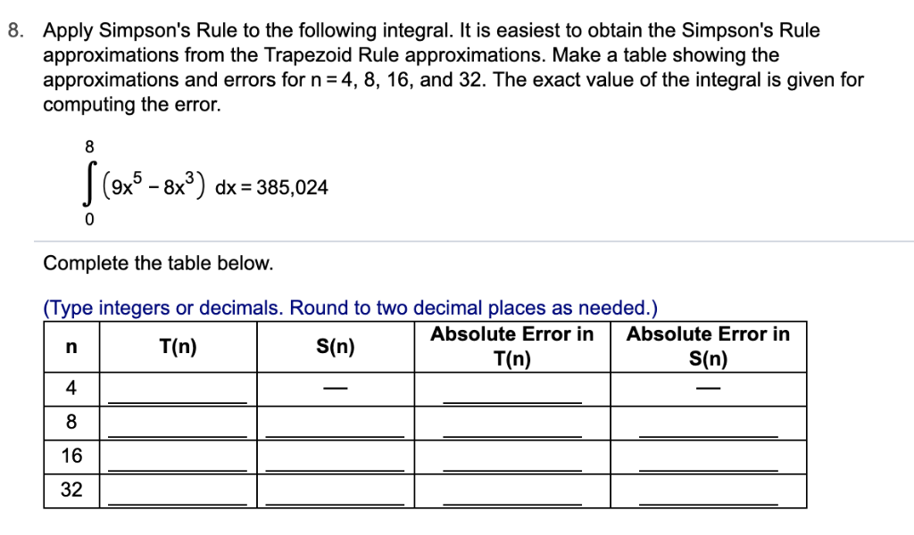 Solved 8. Apply Simpson's Rule to the following integral. It | Chegg.com