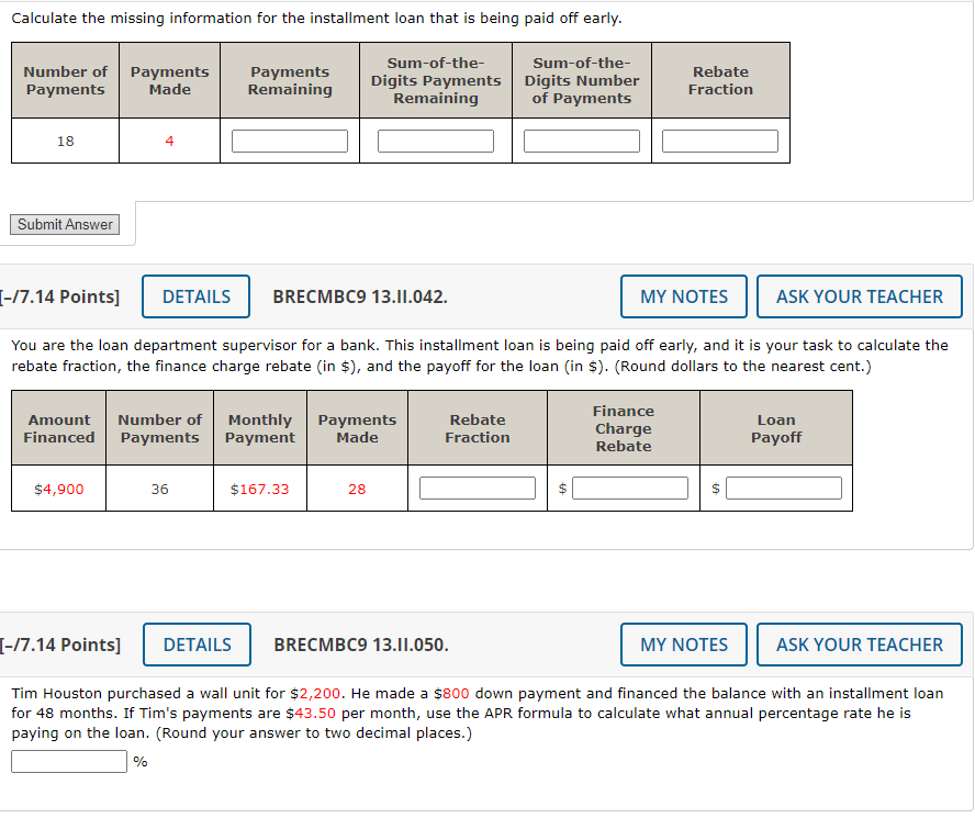 Solved Calculate the missing information for the installment | Chegg.com