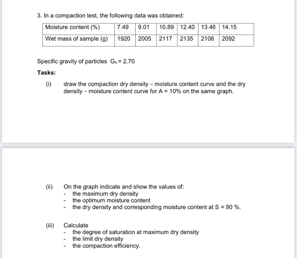 Solved 3. In a compaction test, the following data was | Chegg.com