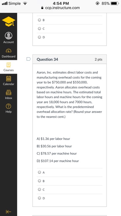 Solved all Simple 4:54 PM ccp.instructure.com 85% D Question | Chegg.com