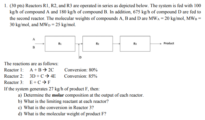 Solved 1. (30 pts) Reactors R1, R2, and R3 are operated in | Chegg.com