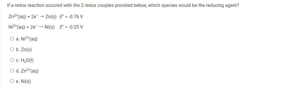 Solved If a redox reaction occured with the 2 redox couples | Chegg.com