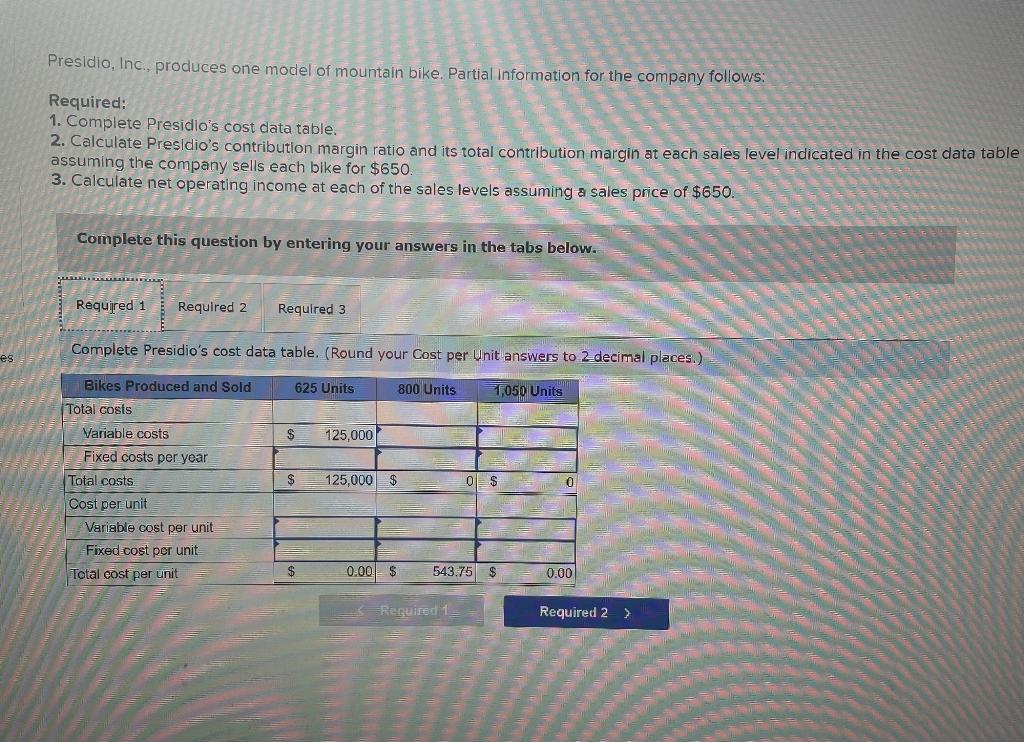 Presidio, Inc., produces one model of mountain bike. | Chegg.com