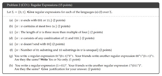 Solved Let Σ={0,1}. Give regular expressions for each of the | Chegg.com