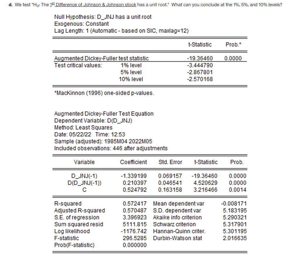Solved We test " H0 : Johnson \& Johnson stock has a unit | Chegg.com