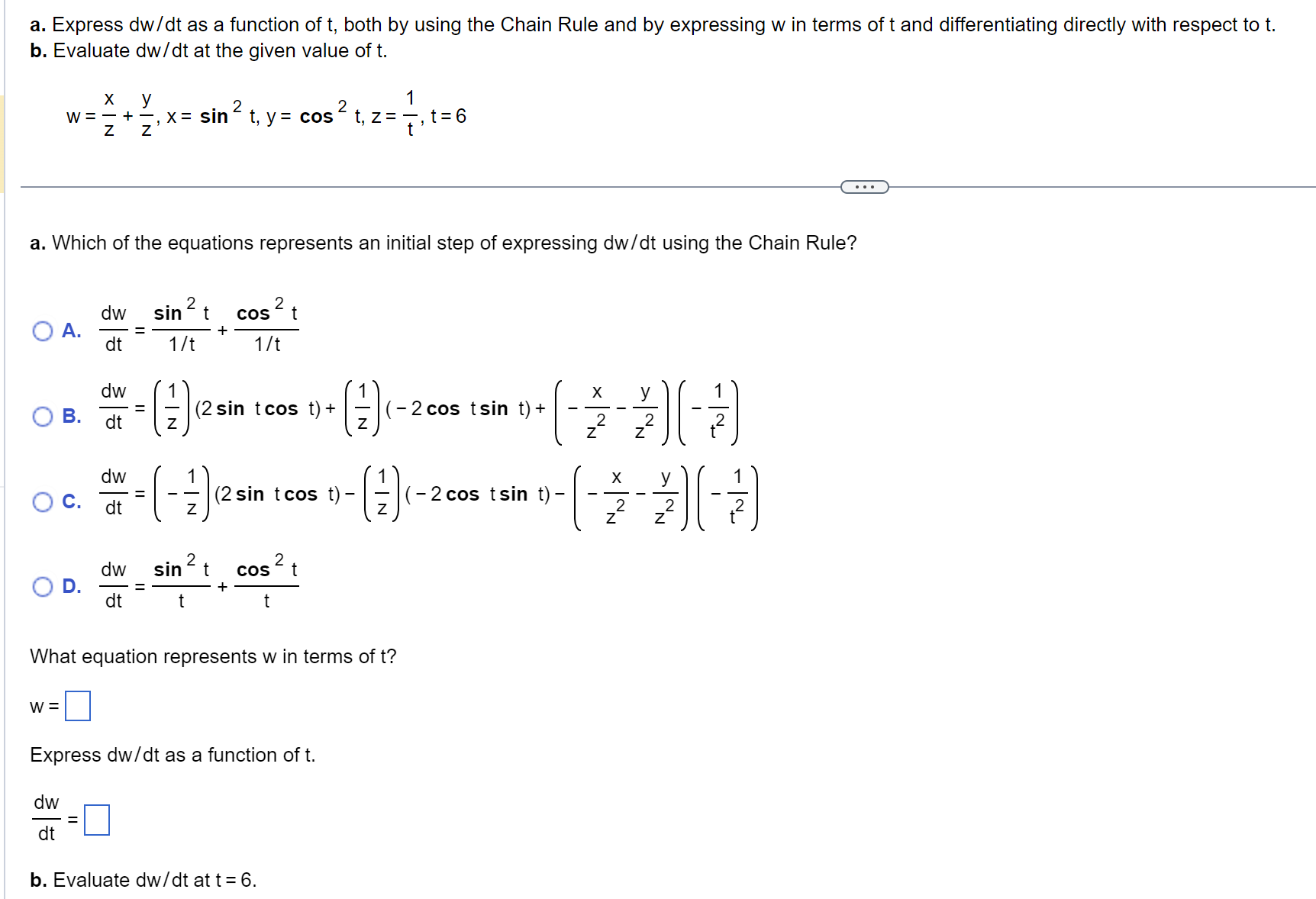 Solved a. Express dw/dt as a function of t, both by using | Chegg.com