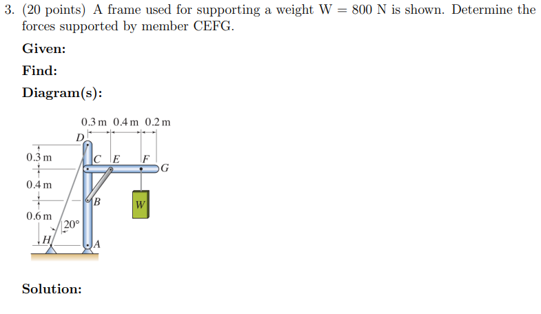 Solved 3. (20 points) A frame used for supporting a weight W | Chegg.com