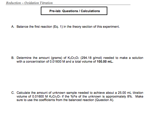Reduction- Oxidation Titration Pre-lab: Questions | Chegg.com