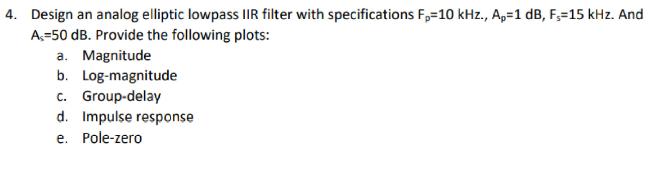 Solved 4. Design an analog elliptic lowpass IIR filter with | Chegg.com