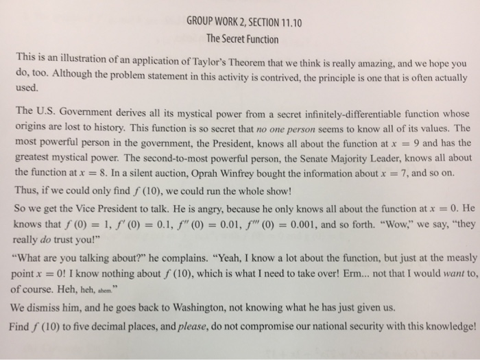 Solved GROUP WORK 2, SECTION 11.10 The Secret Function | Chegg.com