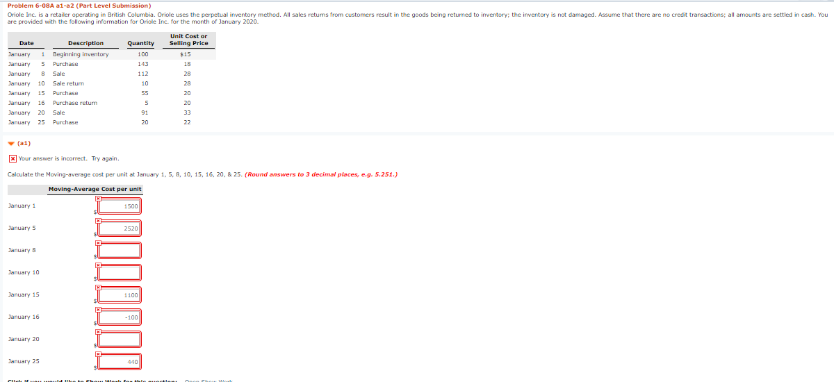 Solved Problem 6-OBA a1-a2 (Part Level Submission) Oriole | Chegg.com