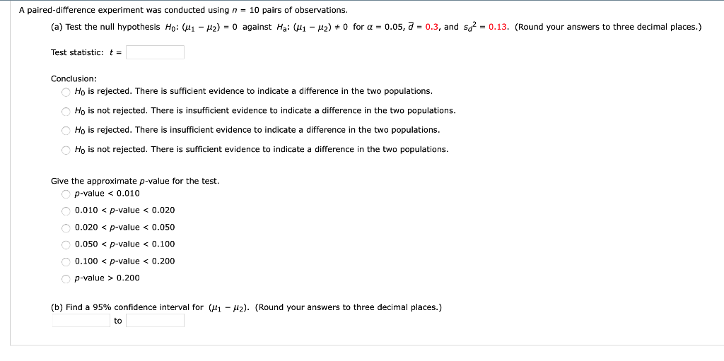 Solved A paired-difference experiment was conducted using n | Chegg.com