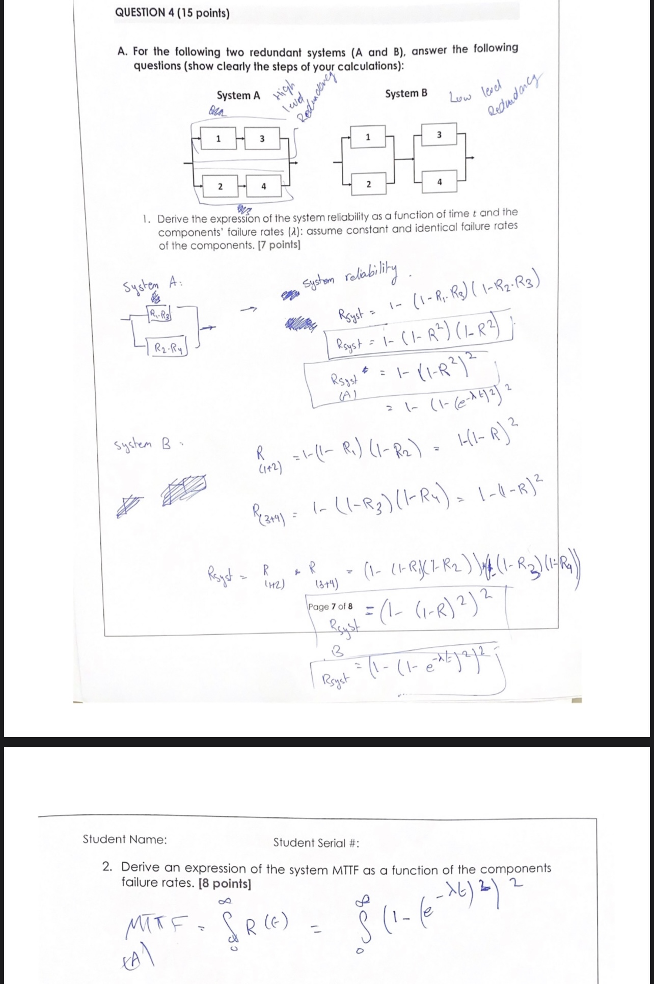 Solved A. For the following two redundant systems ( A and | Chegg.com
