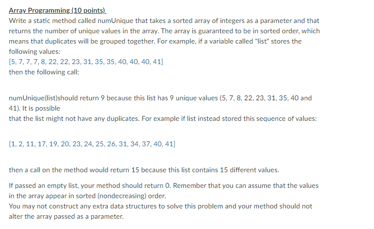 Solved Array Programming 10 Points Write A Static Method