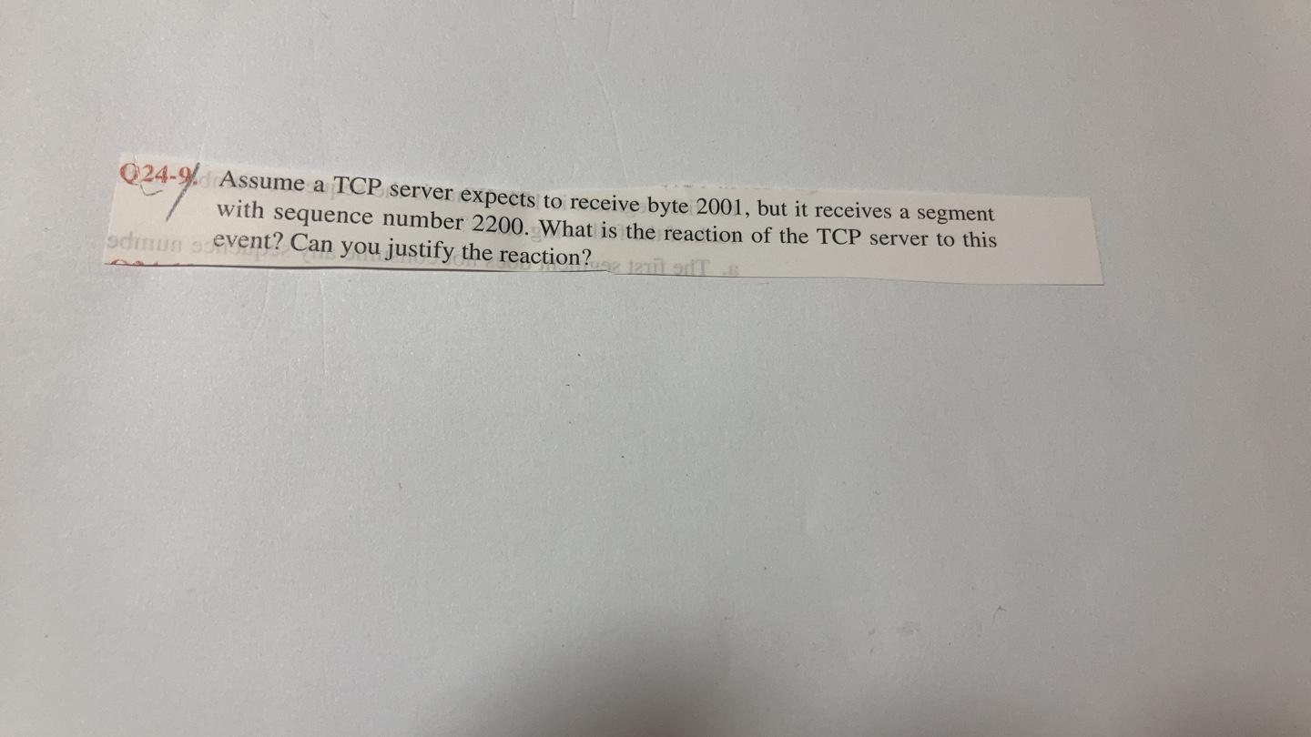 Solved Q24-9. Assume a TCP server expects to receive byte | Chegg.com
