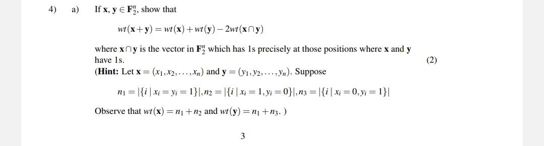 Solved 4) a) If x,y∈F2n, show that | Chegg.com