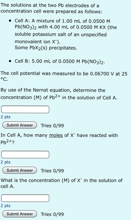 Solved The solutions at the two Pb electrodes of a | Chegg.com