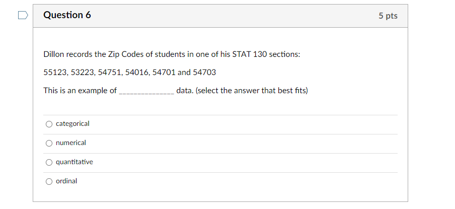 Solved Question 6 5 pts Dillon records the Zip Codes of | Chegg.com