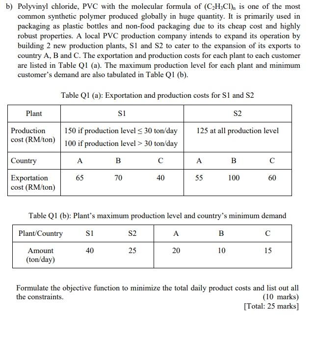 Solved b) Polyvinyl chloride, PVC with the molecular formula | Chegg.com