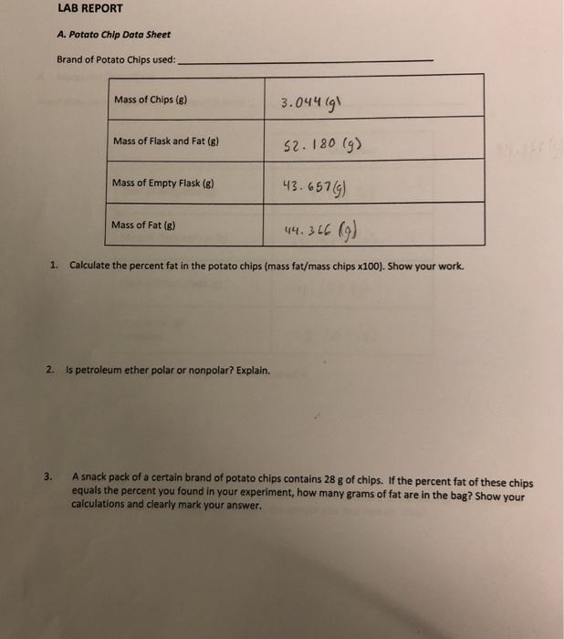 LAB REPORT A. Potato Chip Data Sheet Brand of Potato | Chegg.com