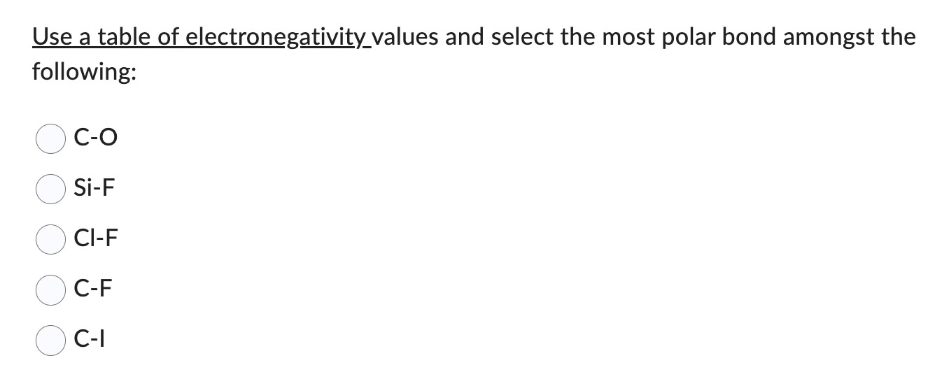 Solved Use a table of electronegativity_values and select | Chegg.com