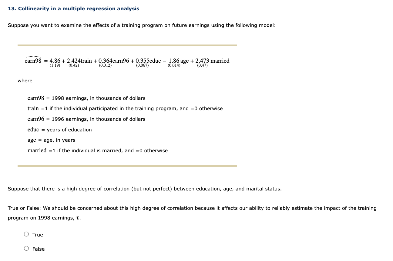Solved 13. Collinearity in a multiple regression analysis | Chegg.com