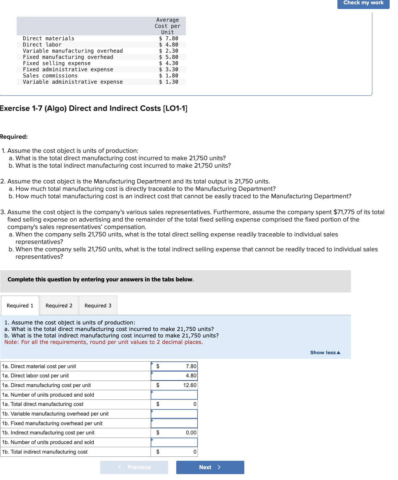 Solved Exercise 1-7 (Algo) ﻿Direct and Indirect Costs | Chegg.com