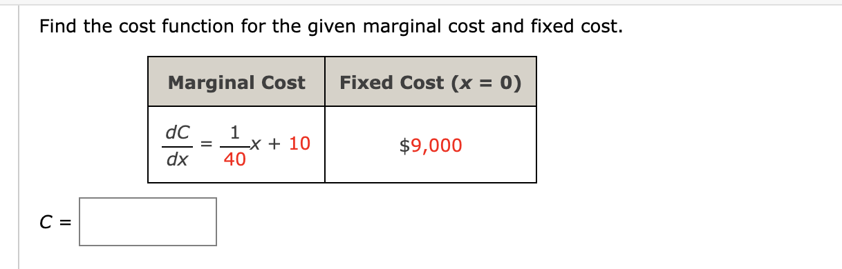 Solved Find The Cost Function For The Given Marginal Cost