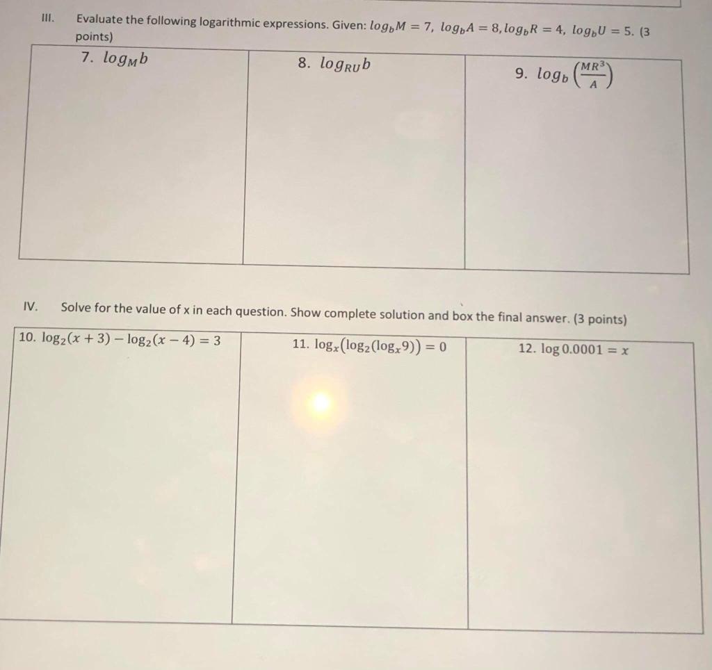 Solved III. . Evaluate the following logarithmic | Chegg.com