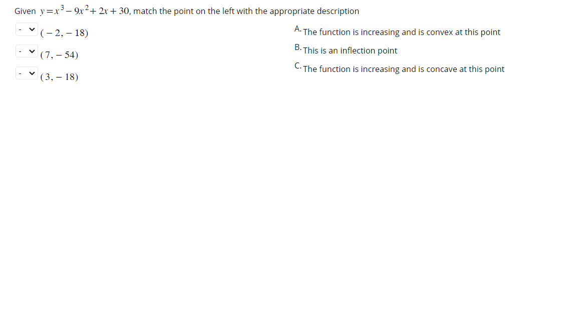 Solved Given y=x3−9x2+2x+30, match the point on the left | Chegg.com