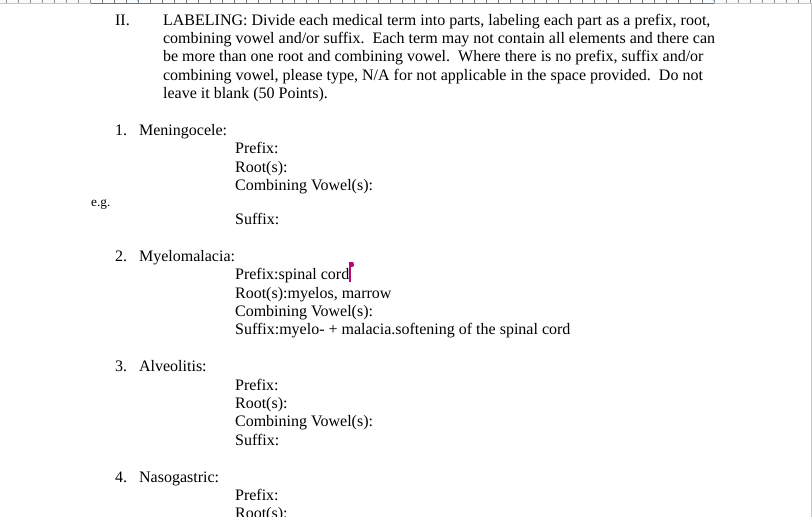 Solved II. LABELING: Divide each medical term into parts, | Chegg.com