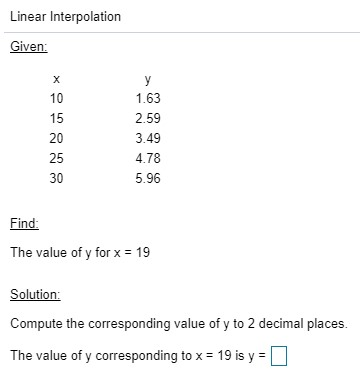 Solved Linear Interpolation Given: х 10 15 20 25 30 у 1.63 | Chegg.com
