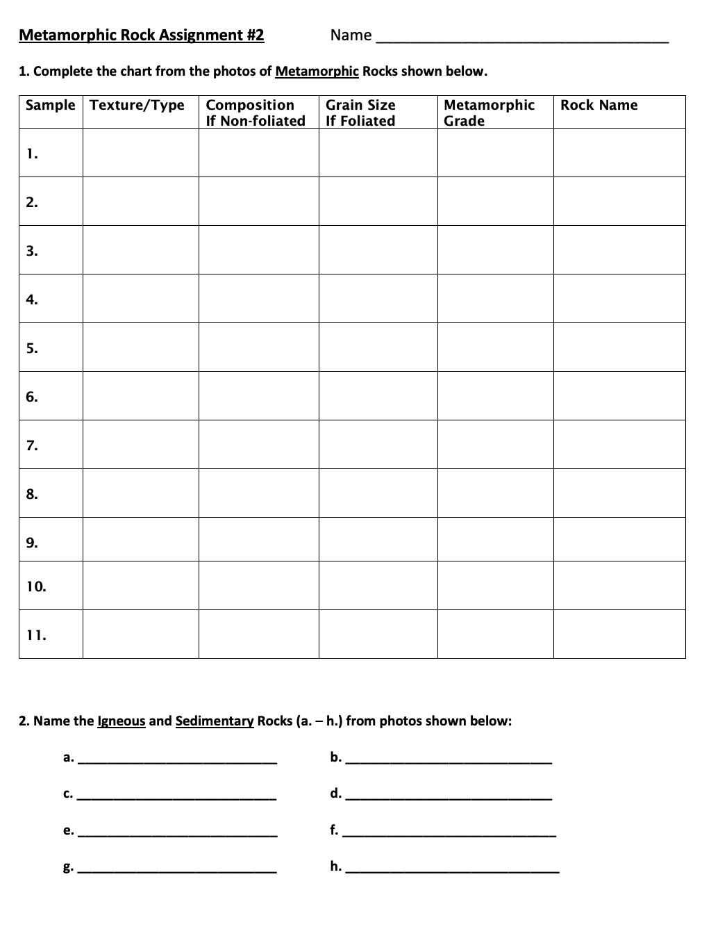 Solved Metamorphic Rock Assignment #2 Name 1. Complete the | Chegg.com