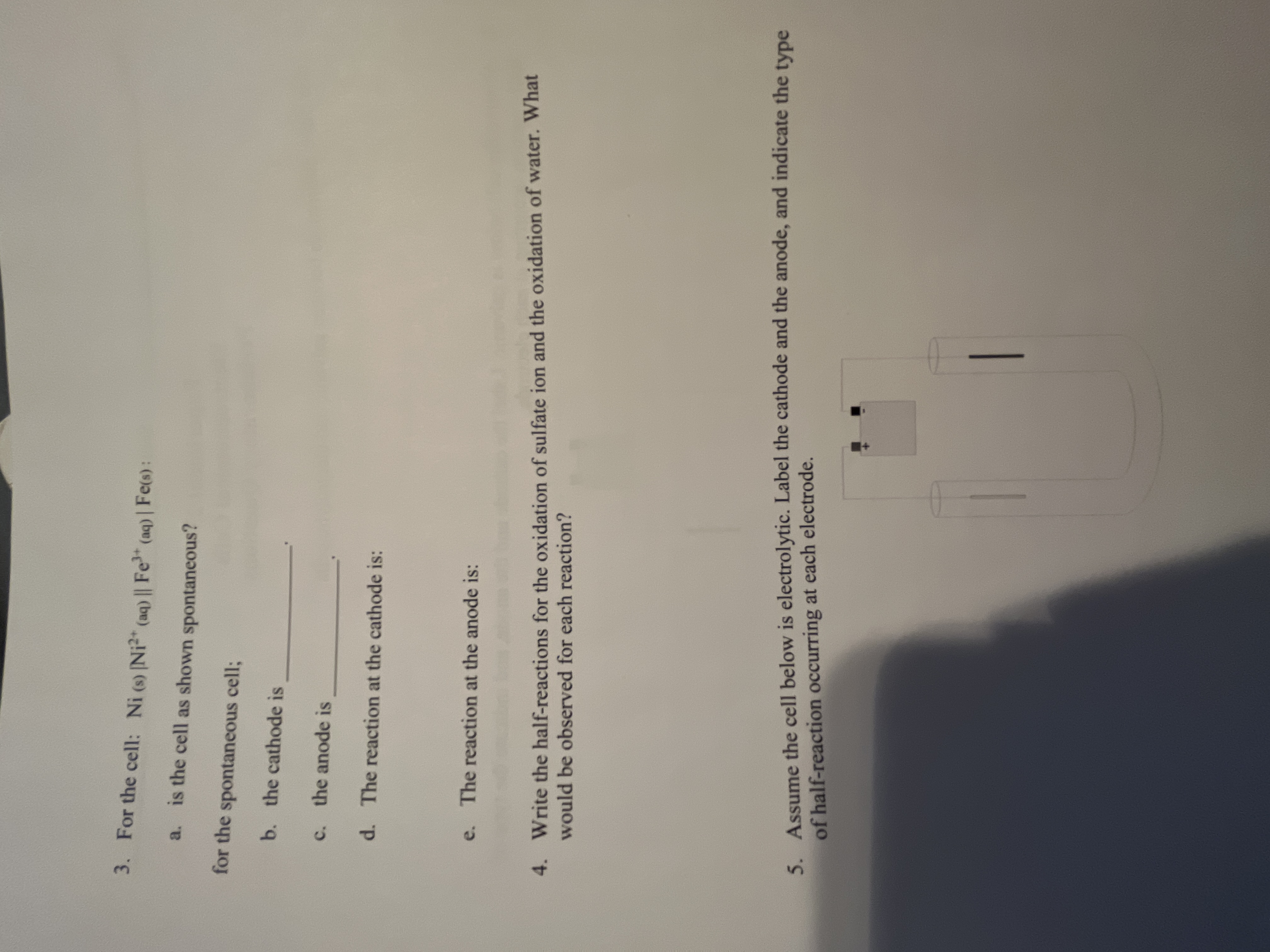 Solved 3. For the cell: Ni (s) ∣Ni2+ (aq) ∥Fe3+ (aq) ∣Fe(s) | Chegg.com