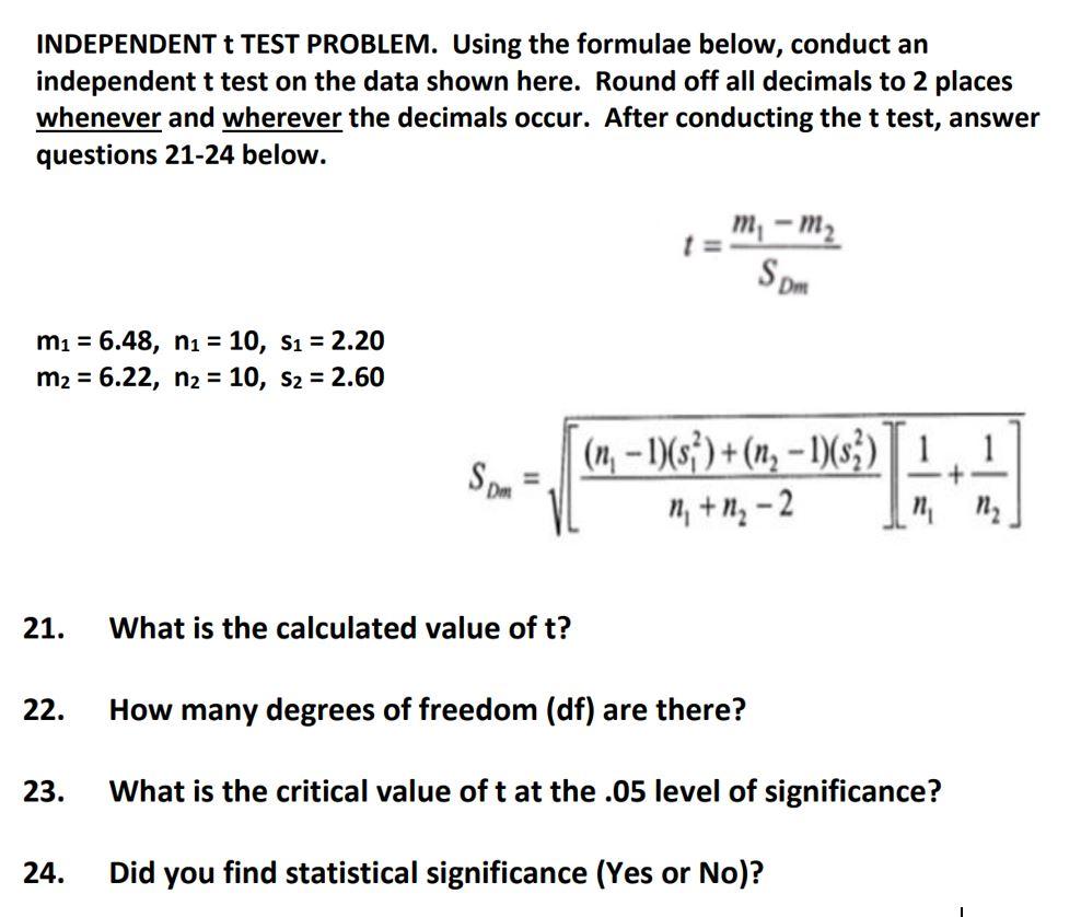 Solved INDEPENDENT I TEST PROBLEM. Using the formulae below, | Chegg.com