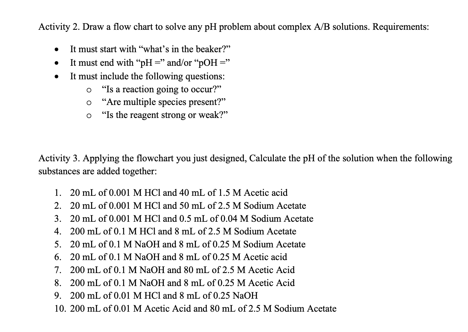 Activity 2. Draw a flow chart to solve any pH problem | Chegg.com