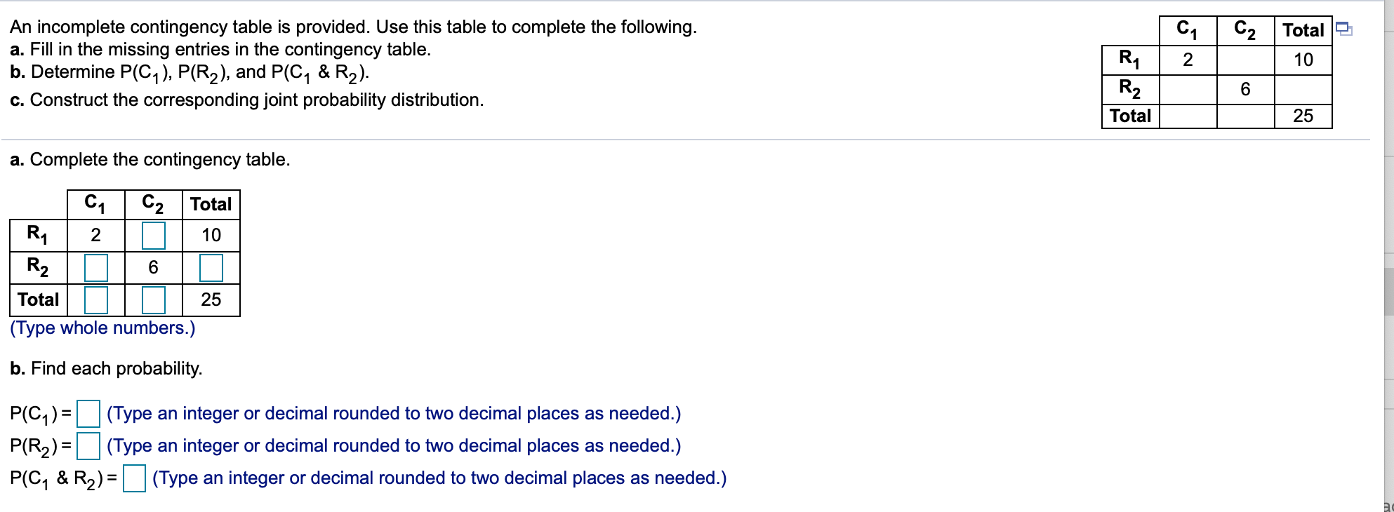 Solved C1 C2 Total An incomplete contingency table is | Chegg.com Solved C1 C2 Total An incomplete contingency table is | Chegg.com