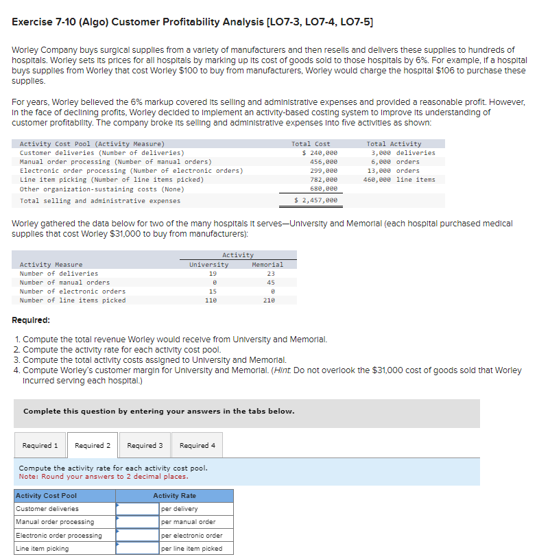 Solved Exercise 7-10 (Algo) Customer Profitability Analysis | Chegg.com
