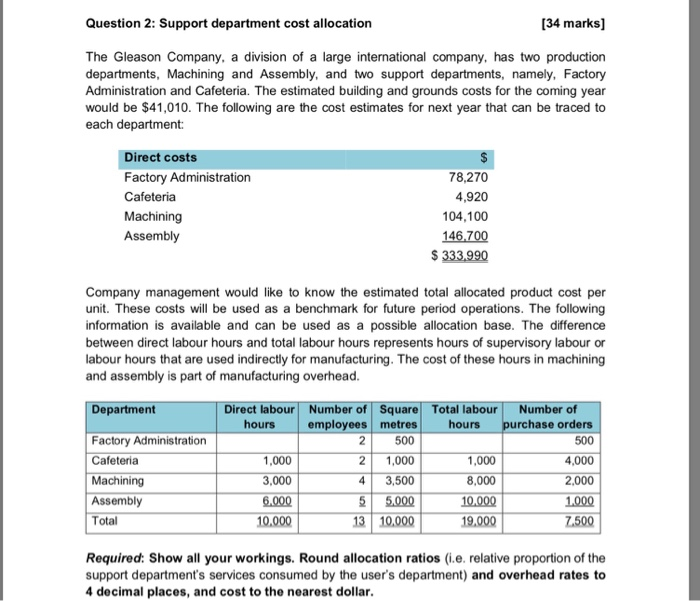 Solved Question 2: Support department cost allocation [34 | Chegg.com