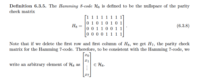 Definition 6.3.5. The Hamming 8-code Hg is defined to | Chegg.com