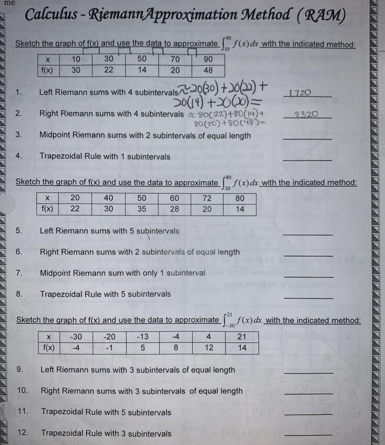 Solved me 10 30 30 22 50 14 Calculus - Riemann Approximation | Chegg.com