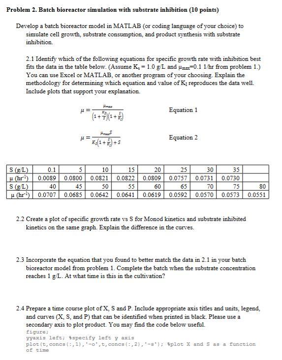 Problem 2. Batch bioreactor simulation with substrate | Chegg.com