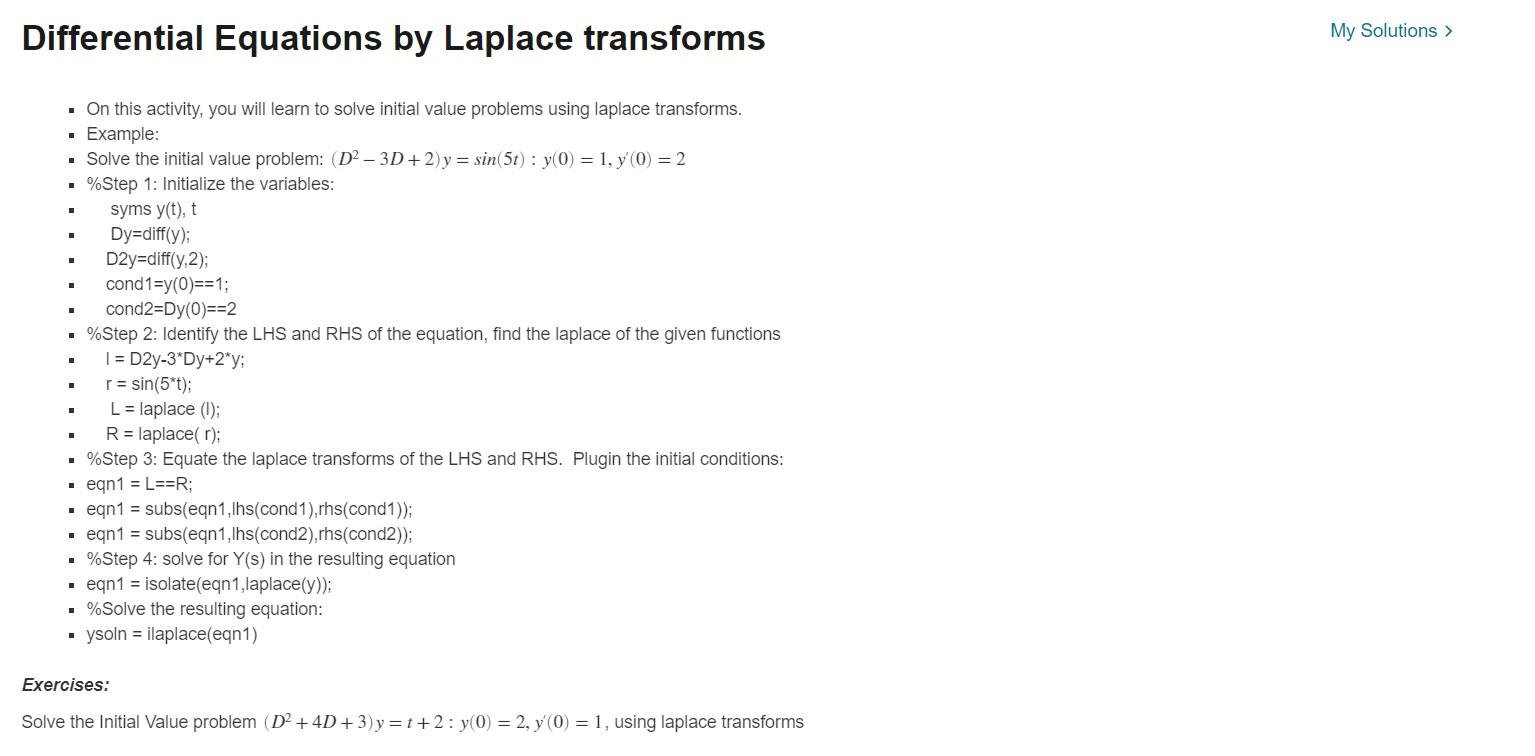 Solved Differential Equations by Laplace transforms My | Chegg.com